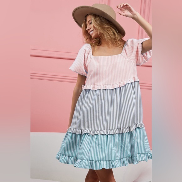 BiBi | Dresses | Bibi Square Neck Puff Sleeve Ruffled Hem Tiered Dress ...